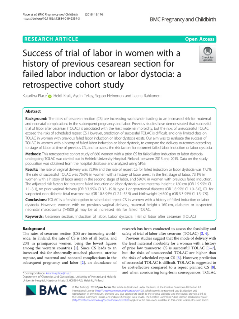 Success of Trial of Labor in Women With Previous Cesarean Section For ...