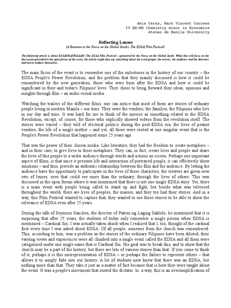 Hi 166 - EDSA Film Festival Reflection Paper | PDF | Humour