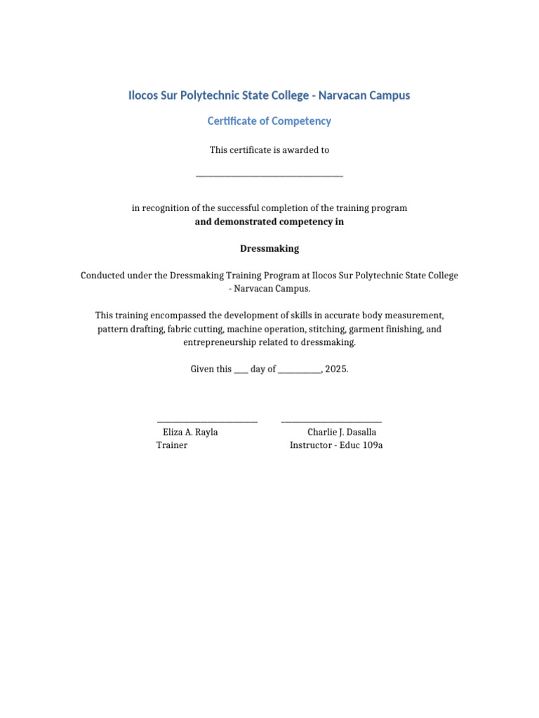 Dressmaking Competency Certificate | PDF