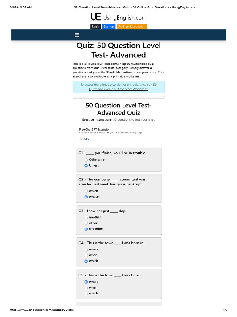 Advanced 50-Question English Quiz | PDF