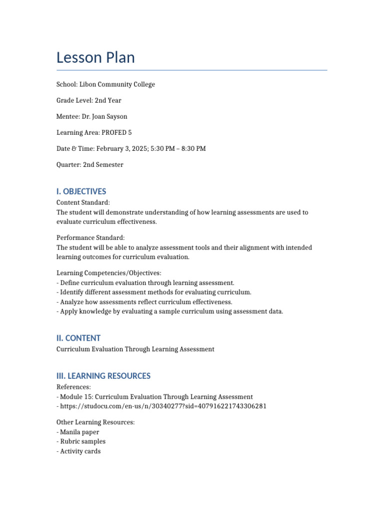 Lesson Plan Evaluation Assessment Formatted | PDF | Educational ...
