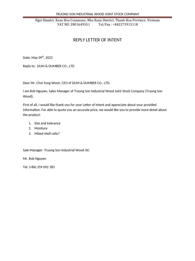 Reply to Letter of Intent from Truong Son | PDF
