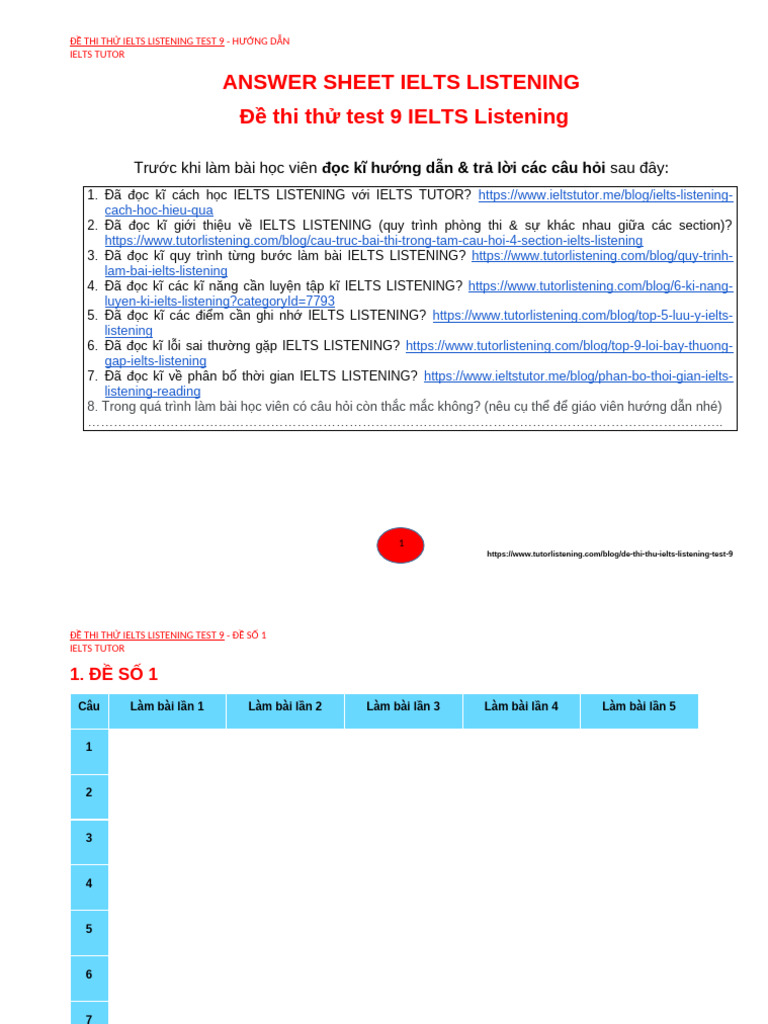 ANSWER SHEET IELTS LISTENING - ĐỀ THI THỬ IELTS LISTENING TEST 9 | PDF