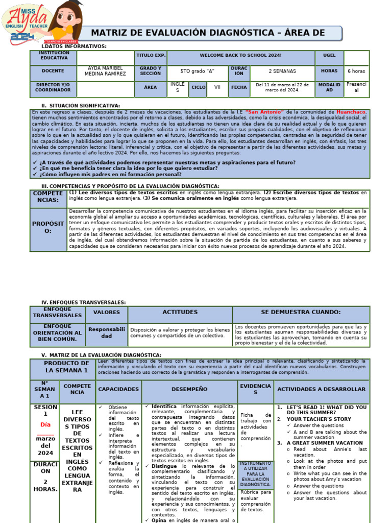Matriz de La Evaluación Diagnóstica 2024 - Miss Ayda - 5to | PDF | Evaluación | Segundo lenguaje