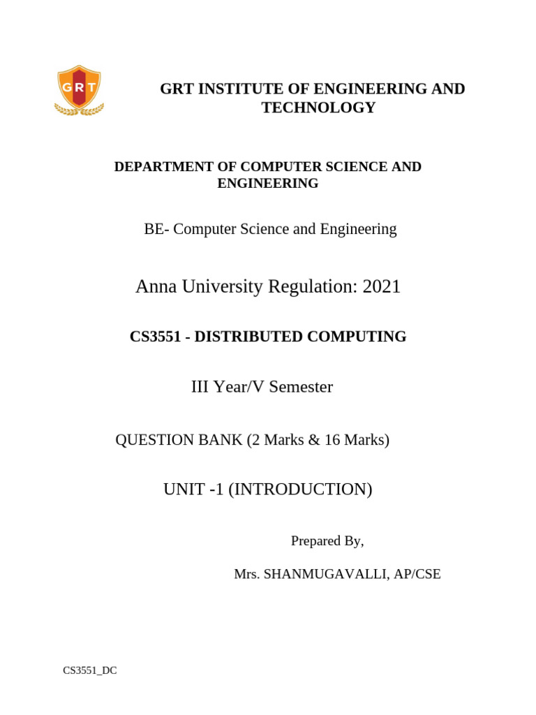 V CSE CS3551 DC QB Unit-1 | PDF | Distributed Computing | Cache (Computing)