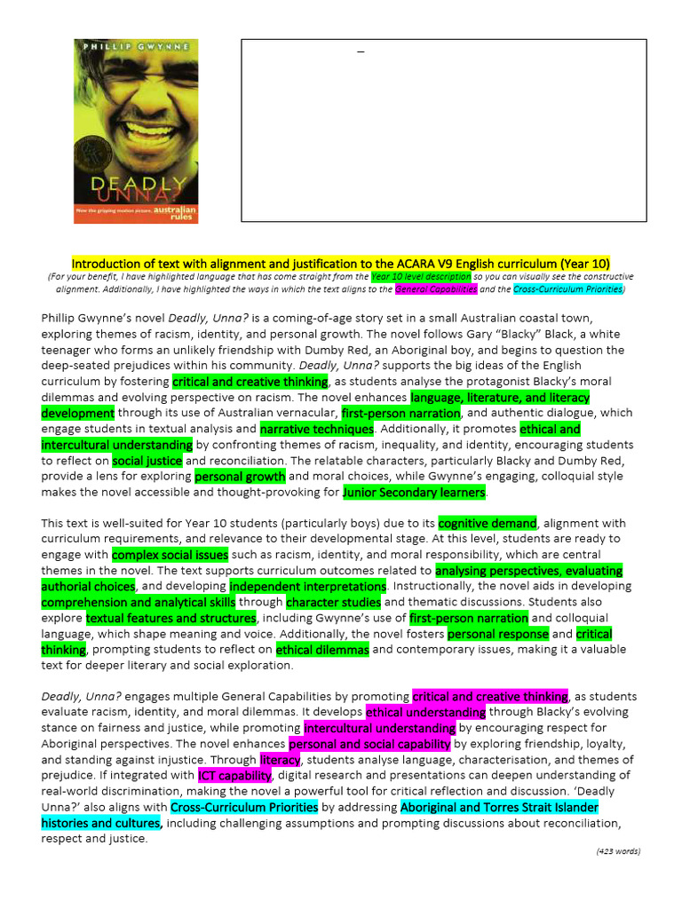 Deadly Unna - Alignment To The English Curriculum-2 | PDF | Curriculum ...