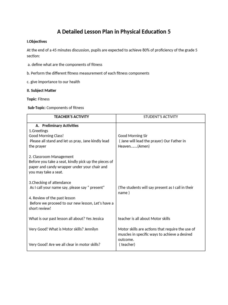 Grade 5 Fitness Lesson Plan | PDF | Physical Fitness | Flexibility ...