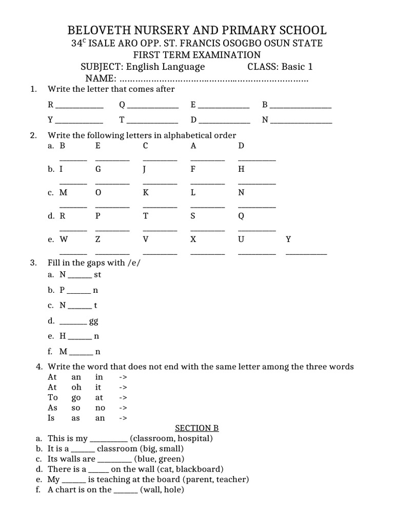 Basic 1 1st Term Examination | PDF | Room