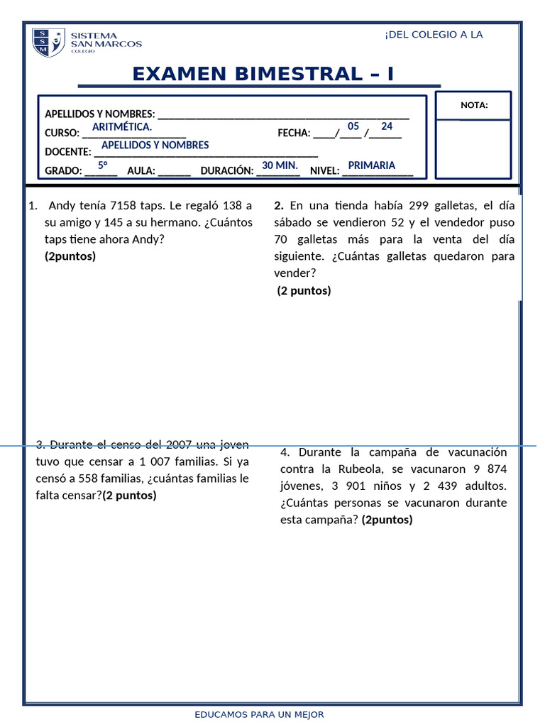 Arit 5to Examen Bimestral 2024 | PDF