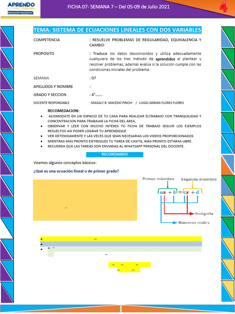 Ficha N7A-Sistema de Ec Lineales Con Dos Variables | PDF | Sistema de ...