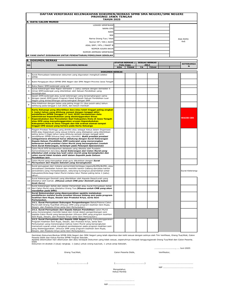 DAFTAR-CEKLIS-DOKUMEN-SPMB-2025 - Chek | PDF