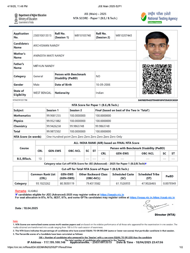 JEE Mains AIR 13 Archisman Nandy | PDF