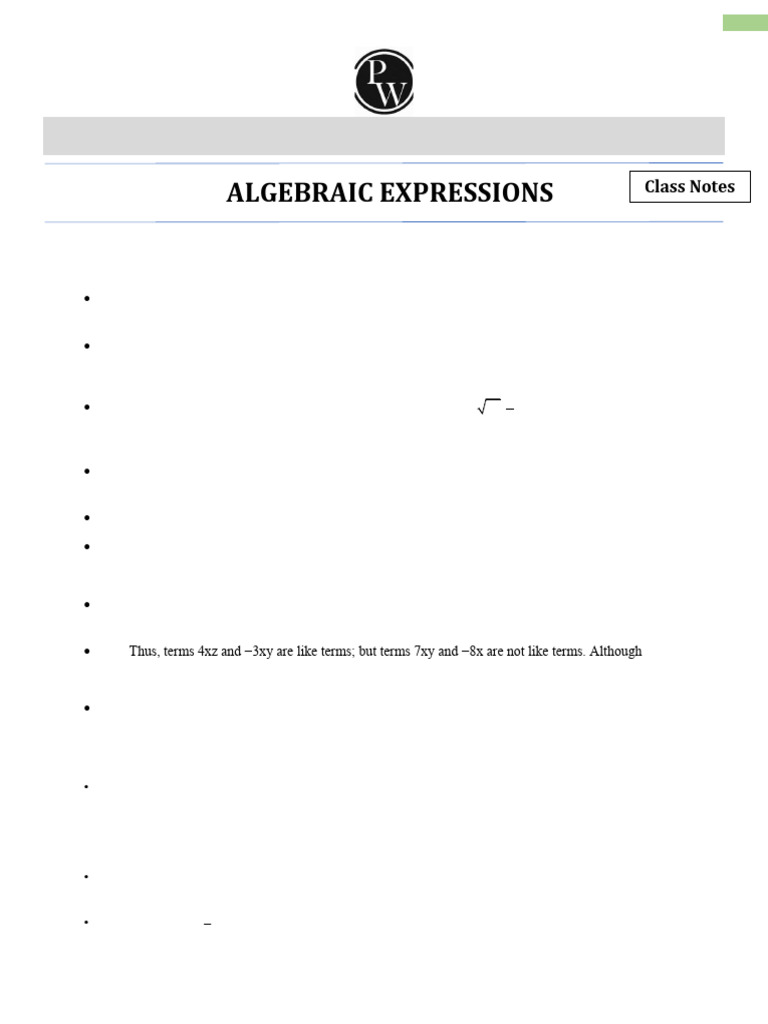 Class 7 Algebraic Expressions Notes | PDF | Area | Factorization