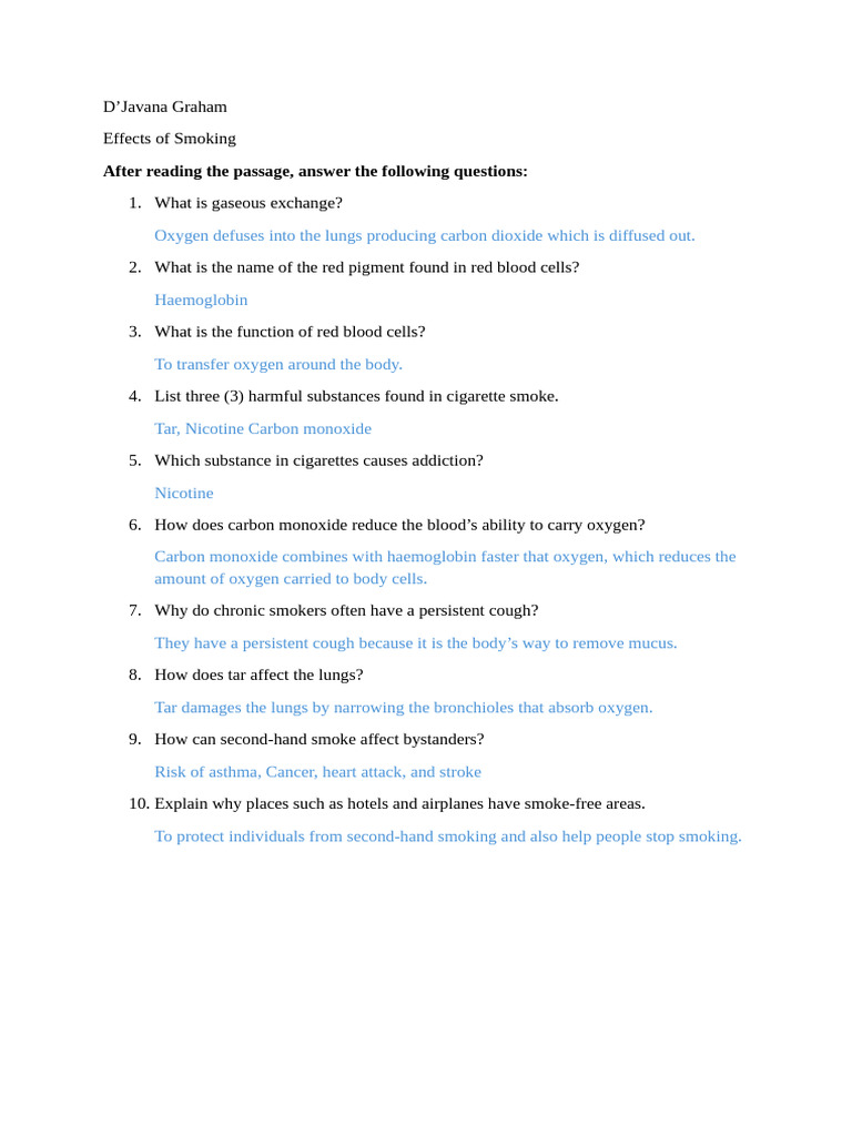 Effects of Smoking Worksheet | PDF