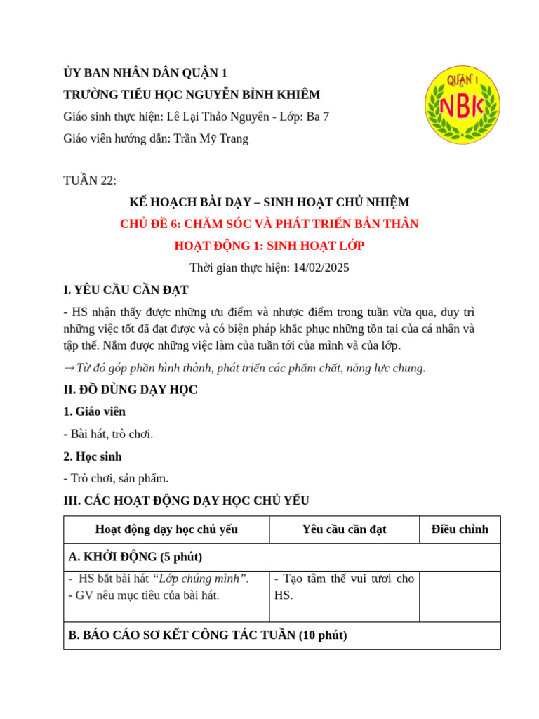 KHBD - SHL TUẦN 22 | PDF