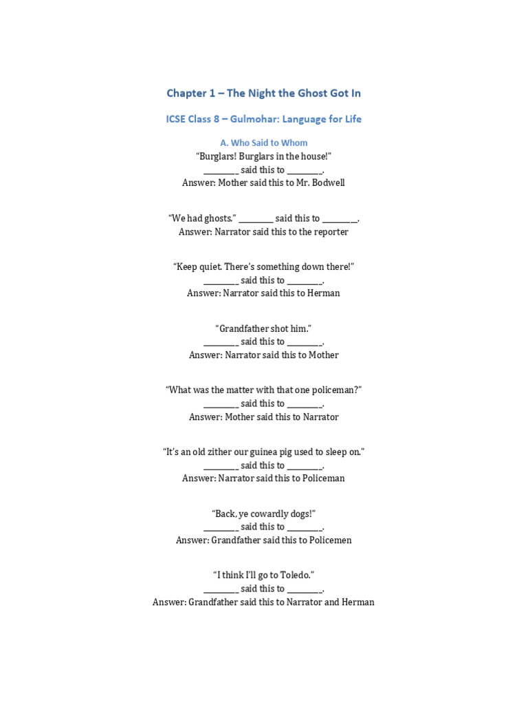 The Night The Ghost Got in ICSE Class 8 | PDF