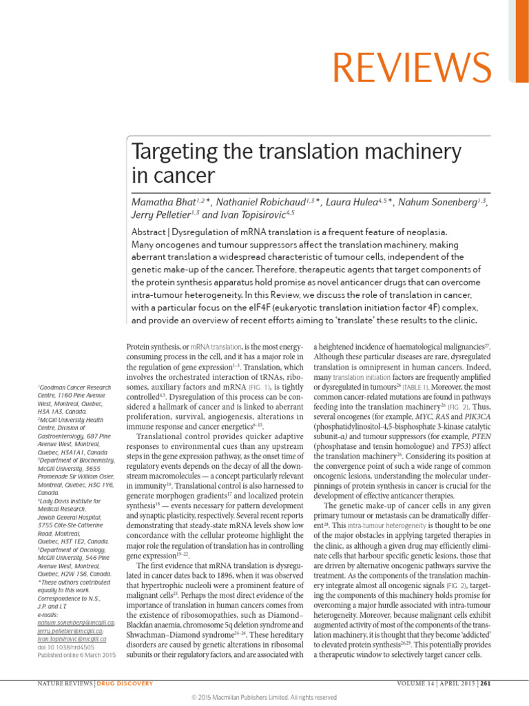 Targeting the translation machinery in cancer | PDF | Translation ...
