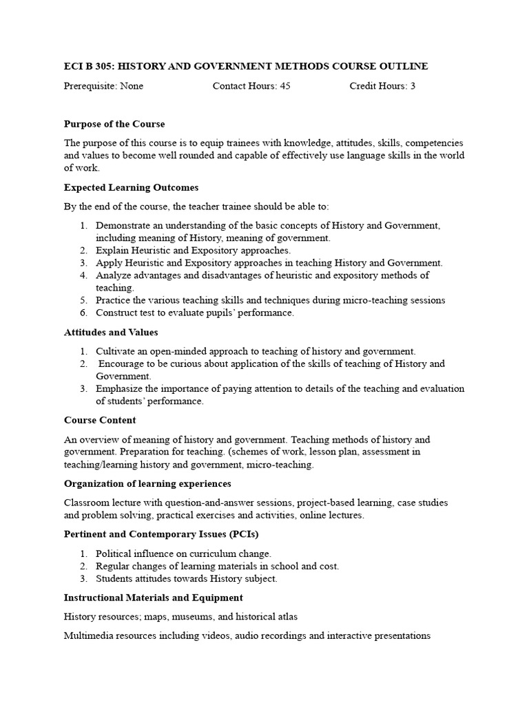ECI B 305 OURSE OUTLINE HISTORY AND GOVERMENT METHODS | PDF | Teachers | Curriculum
