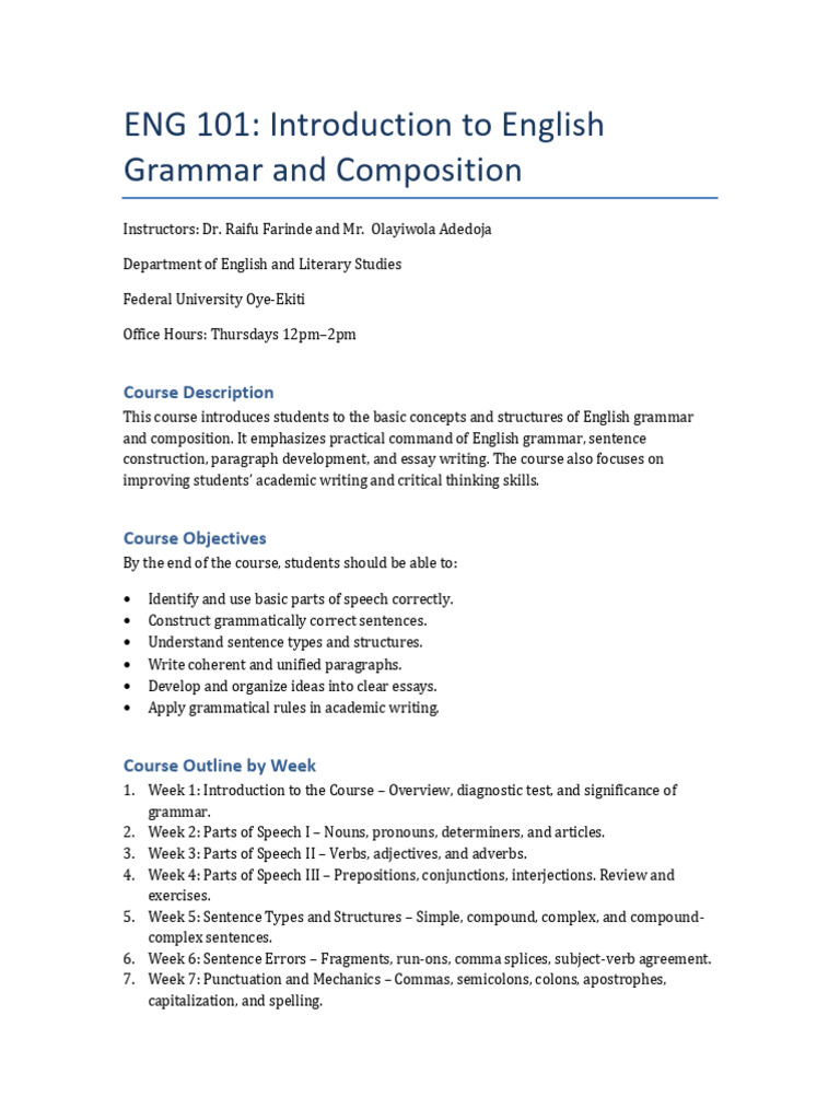 ENG101 Grammar and Composition Outline 105748 | PDF