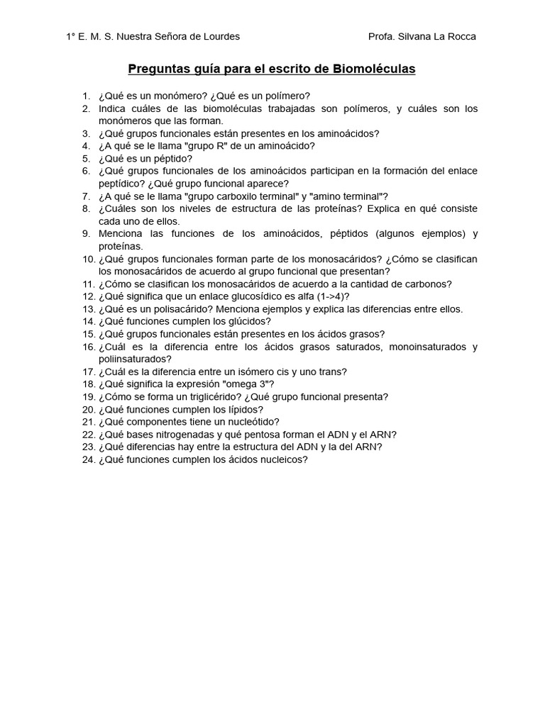 Preguntas Gu A para El Escrito de Biomol Culas NSL | PDF
