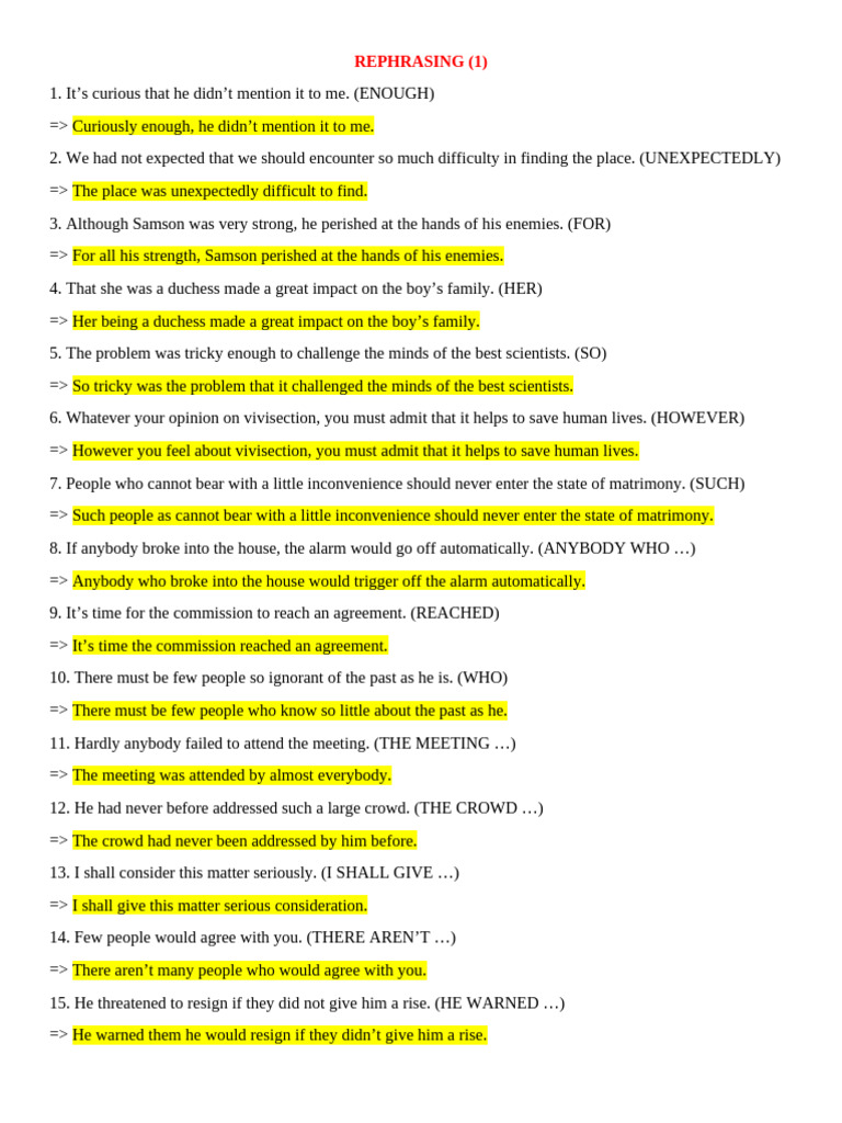 Rephrasing (1) - Key | PDF
