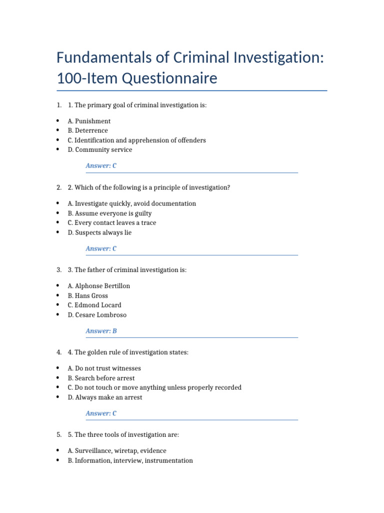 Criminal Investigation Basics Quiz | PDF | Witness | Forensic Science