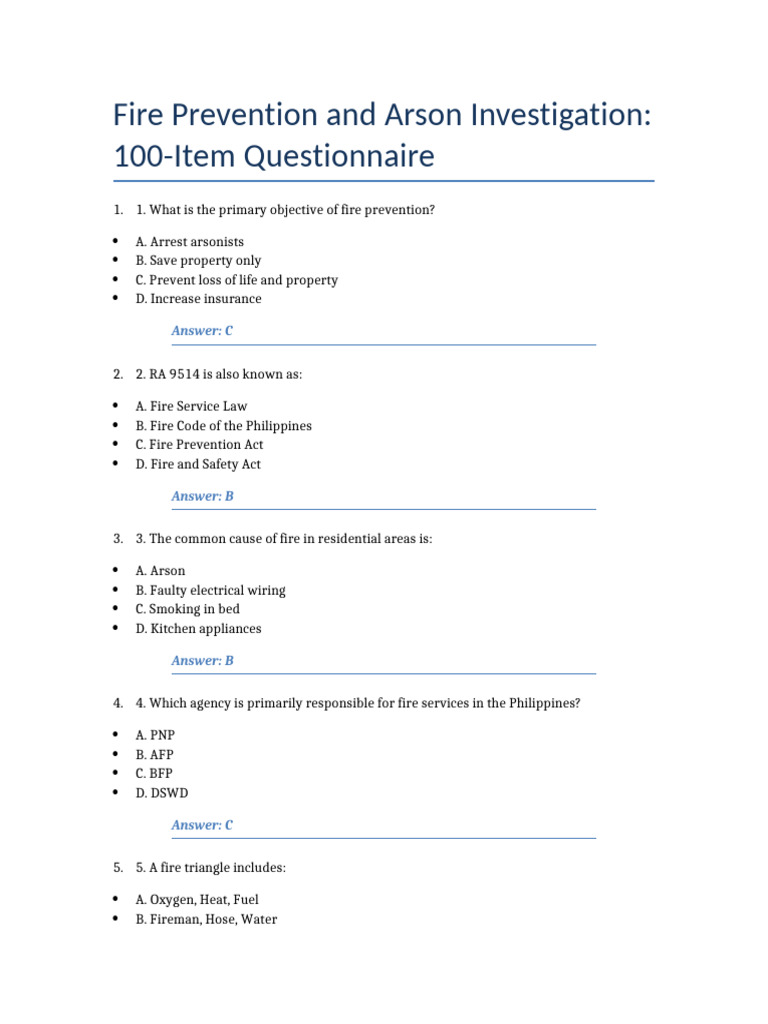 Fire Prevention & Arson Quiz Guide | PDF | Arson | Crime & Violence