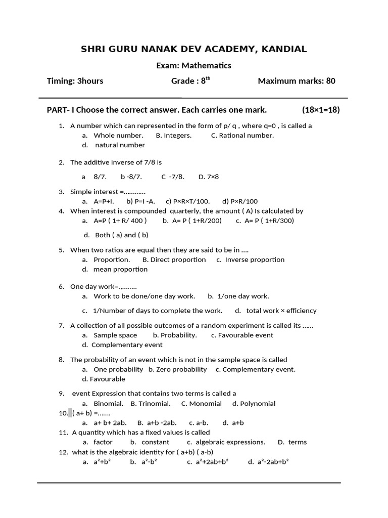 Maths question Paper Grade 8th | PDF | Odds | Probability