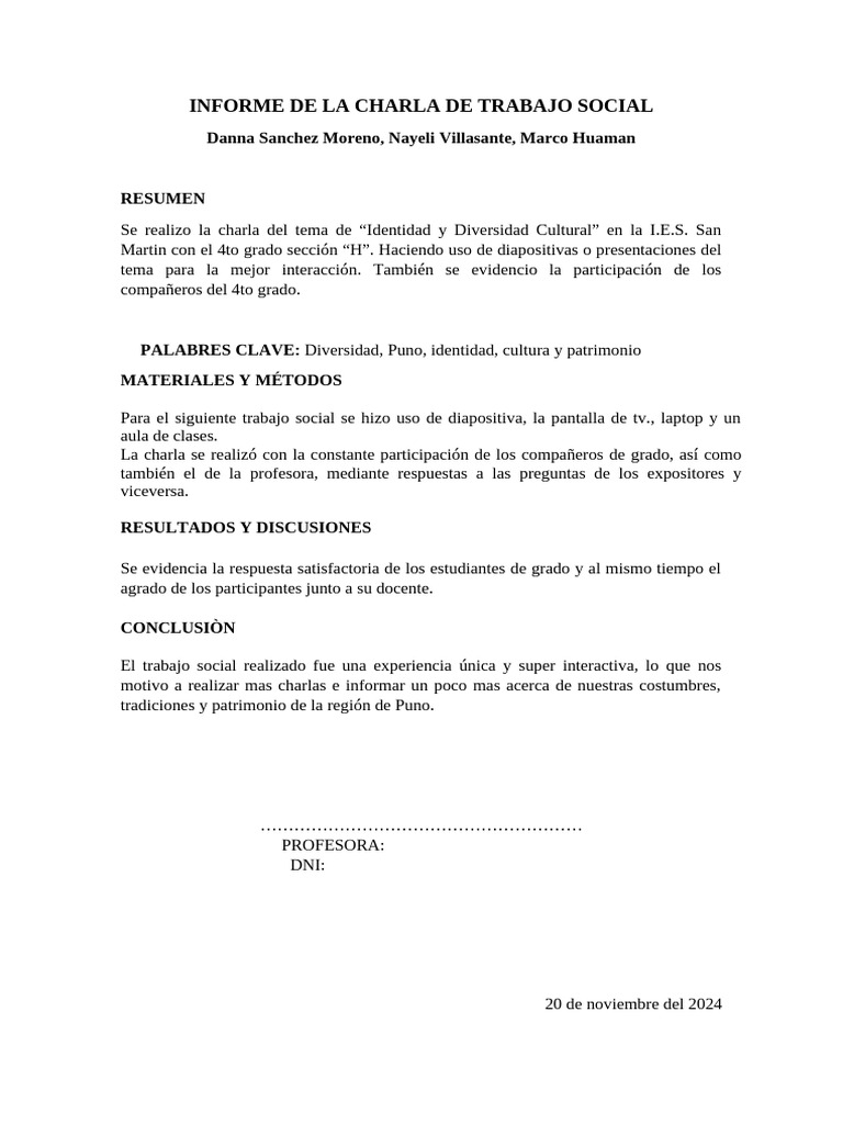 Informe de La Charla de Trabajo Social | PDF