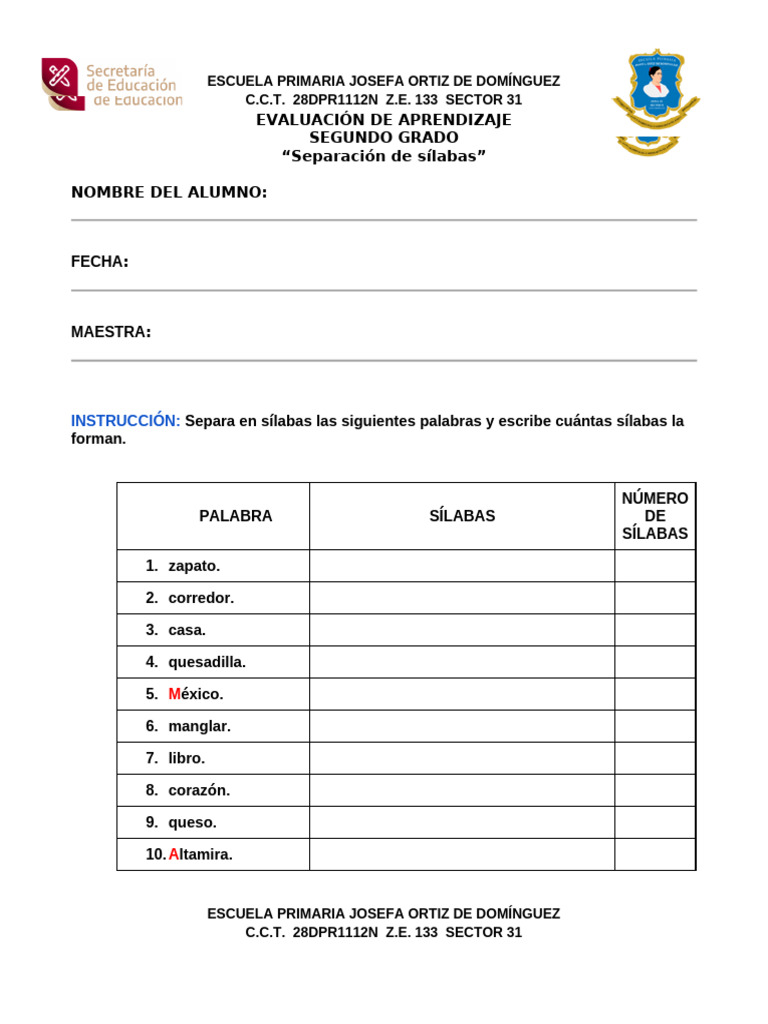 Evaluación de Sílabas y Números | PDF