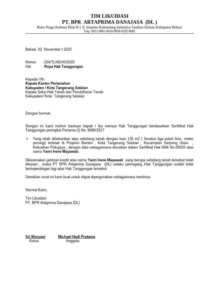 Surat Roya BPR Artaprima Danajasa DL - Copy | PDF