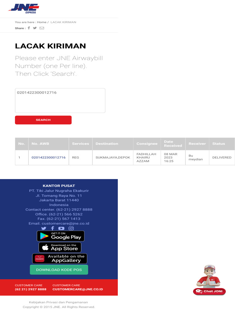 Lacak Kiriman: Please Enter JNE Airwaybill Number (One Per Line) - Then Click 'Search' | PDF