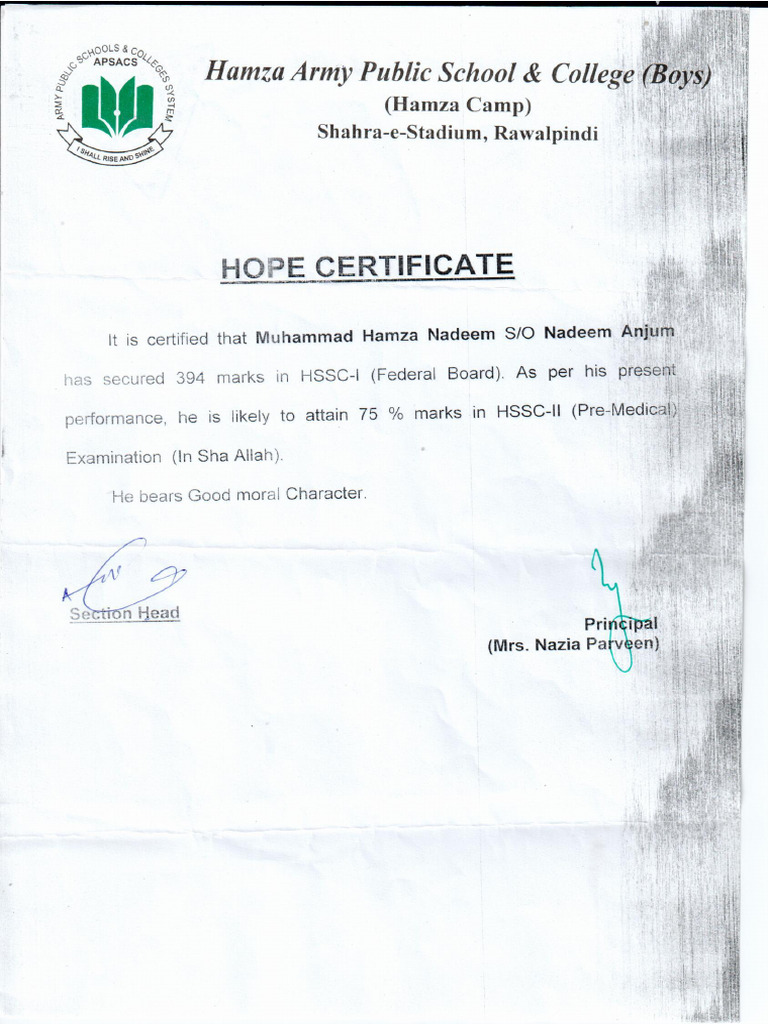 Hamza Hope Certificate | PDF