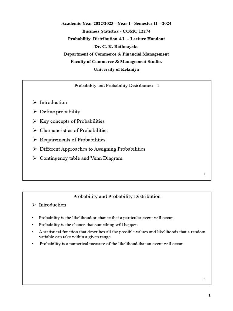 2024 Probability 4.1 - Lecture Handout | PDF | Probability | Probability Distribution