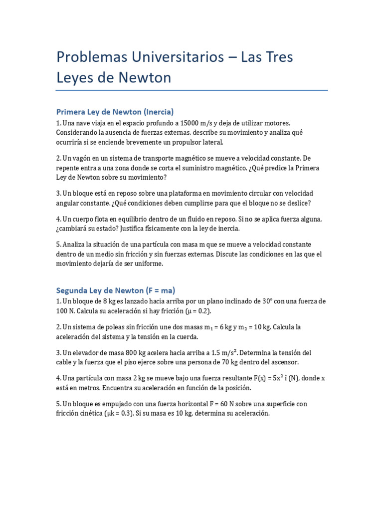 Ejercicios Universitarios Leyes Newton | PDF | Fuerza | Las leyes del movimiento de Newton