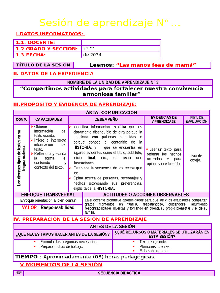 Sesión Leemos Juntos Las Manos Feas de Mamá Maestra Janet | PDF | Aprendizaje