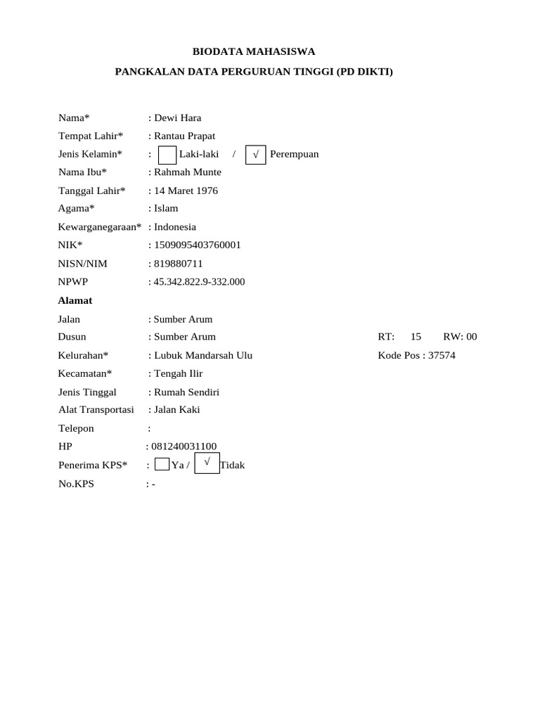 Format Biodata PDDIKTI | PDF