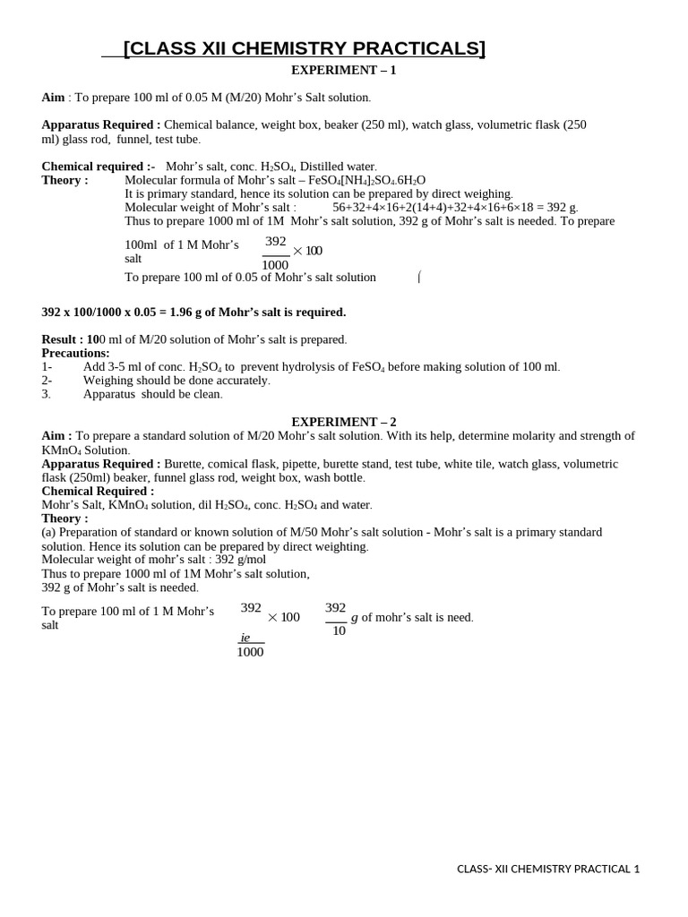 Mohr's Salt Solution Preparation Guide | PDF | Titration | Chemistry