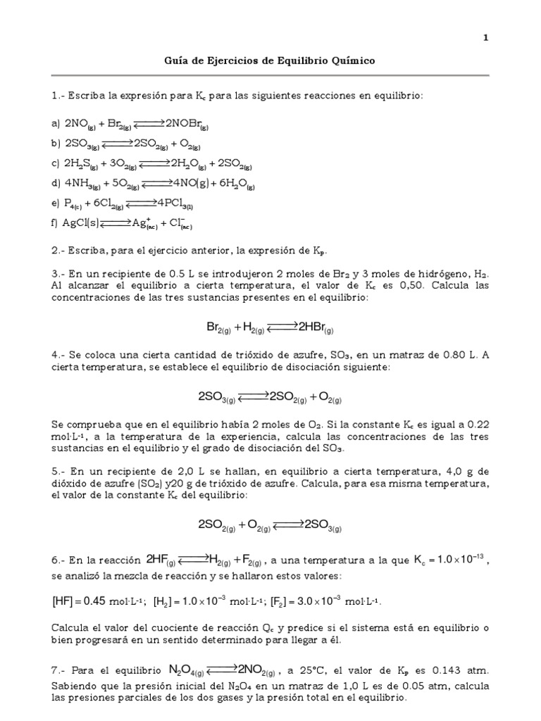 Guía De Ejercicios De Equilibrio Químico