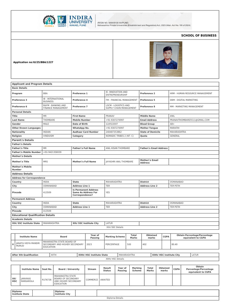 Application Form IU 25 BBA 1227 | PDF | Educational Stages