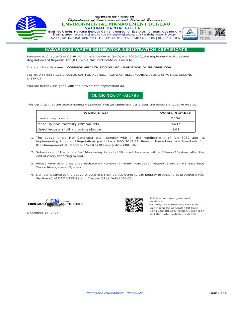 Hazwaste Generator Registration Certificate | PDF