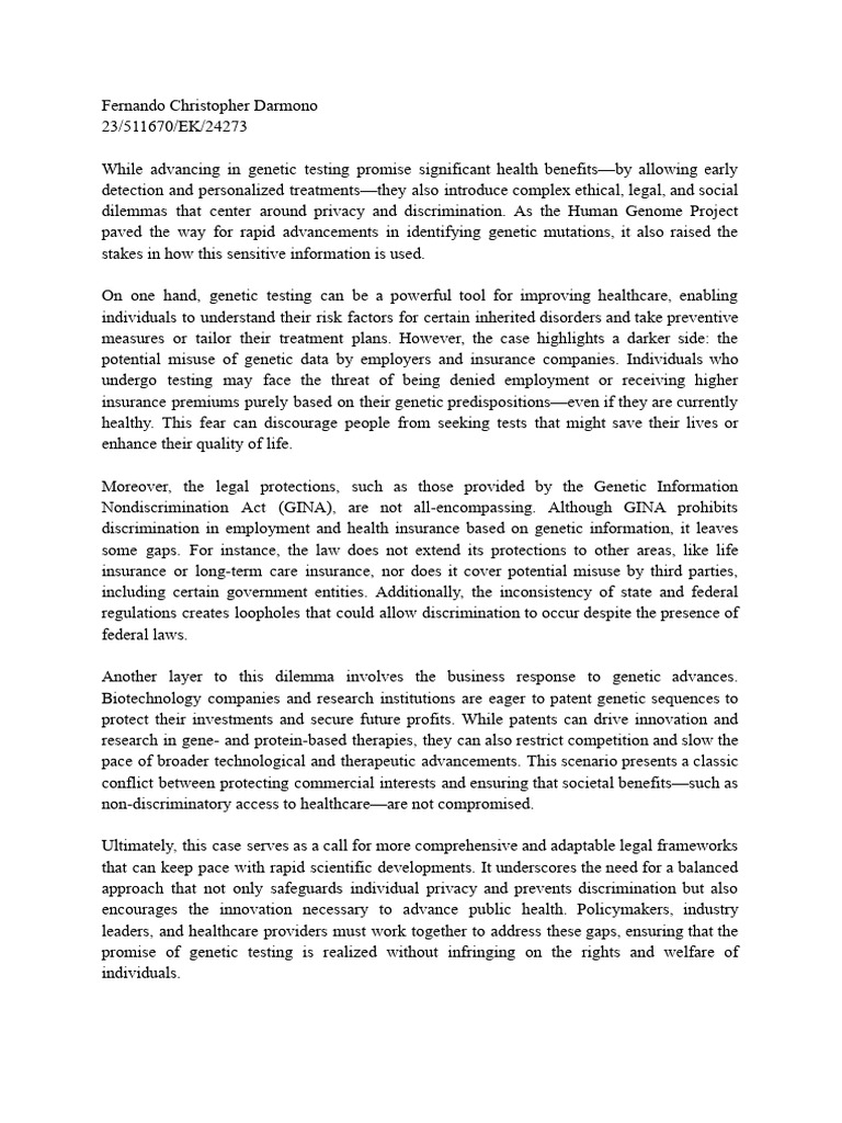 Genetic Testing: Ethics and Discrimination Risks | PDF | Genetic ...