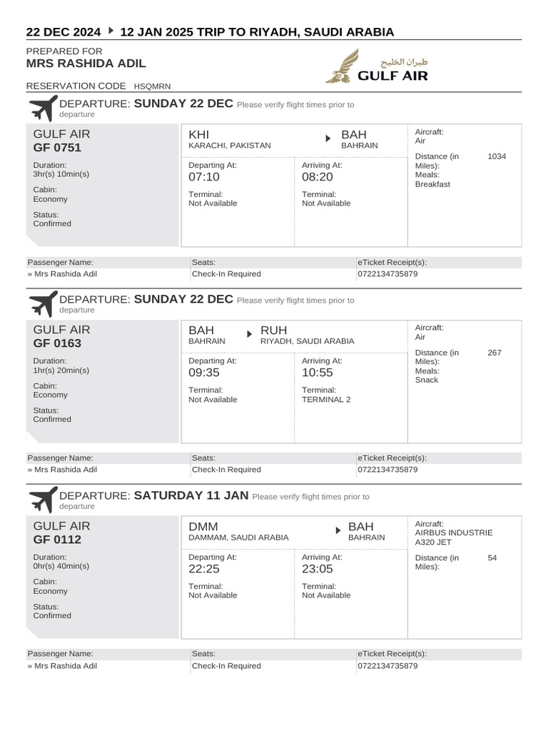 Travel Reservation December 22 For MRS RASHIDA ADIL | PDF | Transport | Aircraft