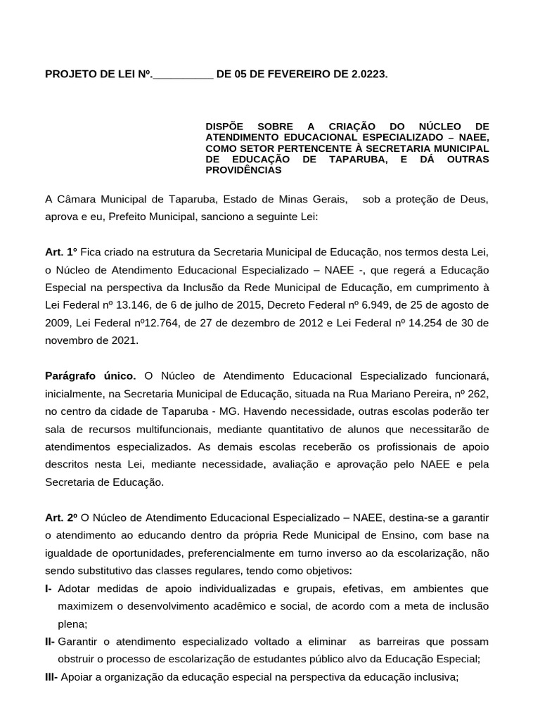 Criação do NAEE em Taparuba: Educação Inclusiva | PDF | Educação ...