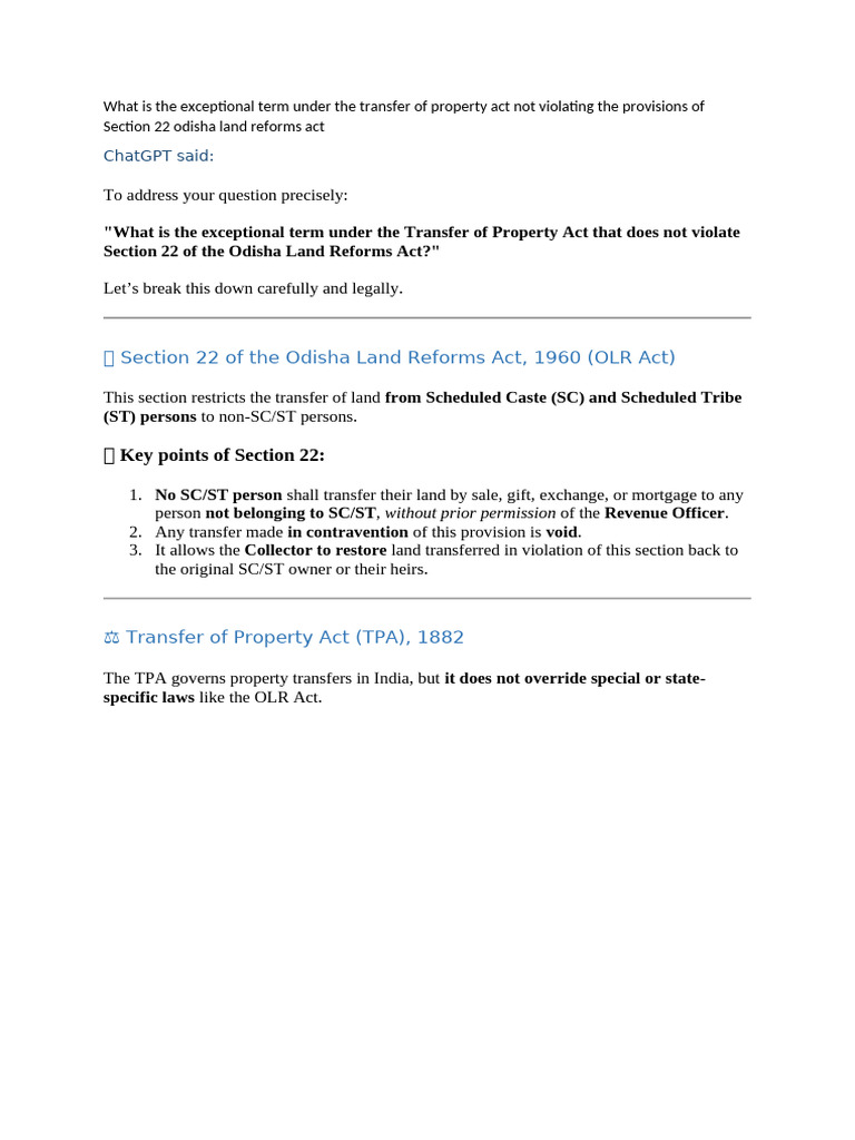 Section 22 of The Odisha Land Reforms Act, 1960 (OLR Act) | PDF