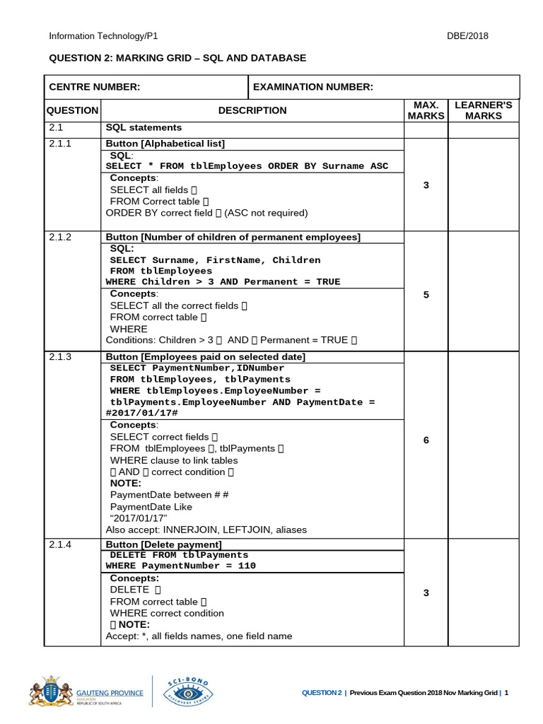 Previous Exam Paper 2018 Nov Marking Grid | PDF | Databases | Computer Science