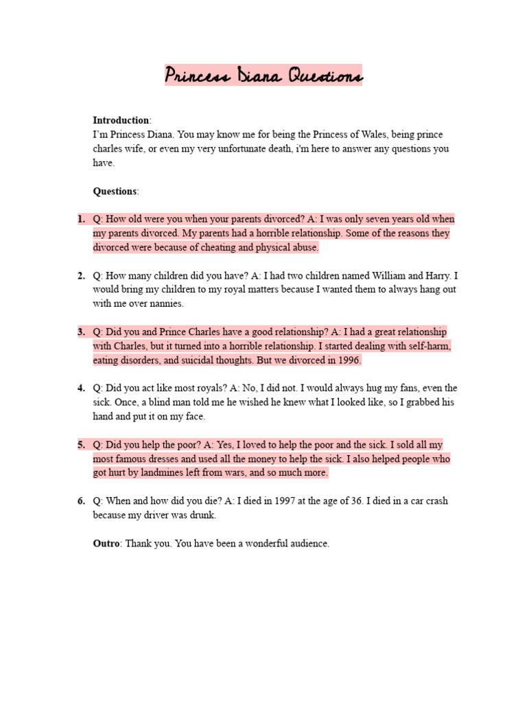 Princess Diana Questions | PDF