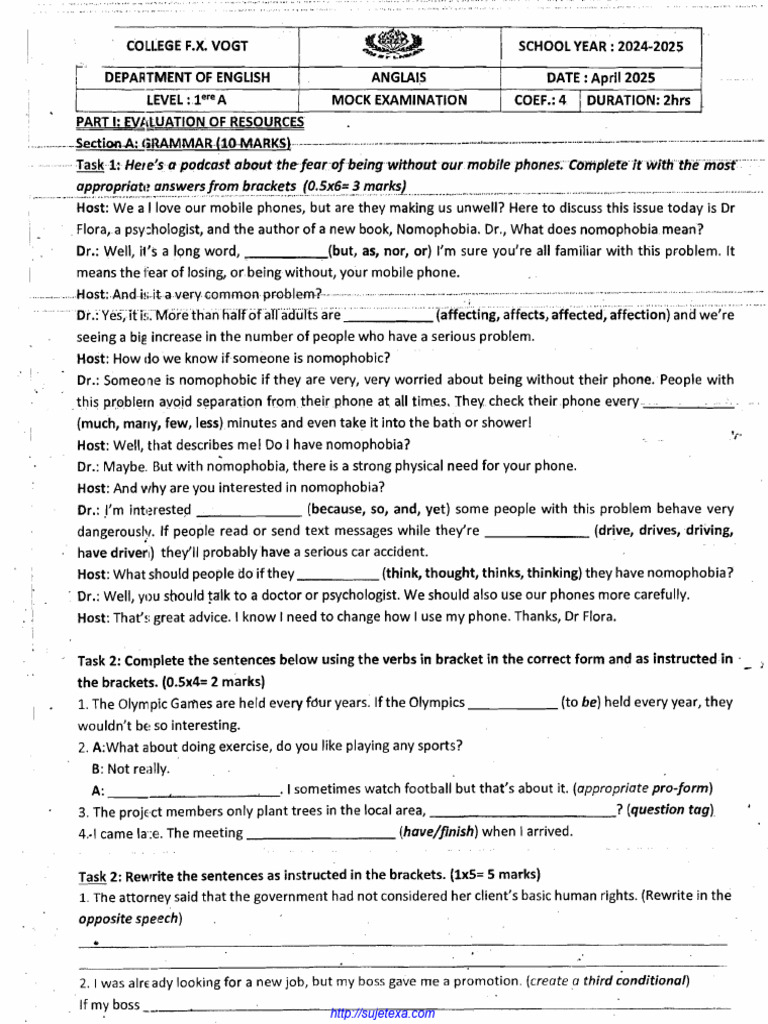 Epreuve Anglais Probatoire Blanc 2025 1ere A4 College Vogt 1 | PDF