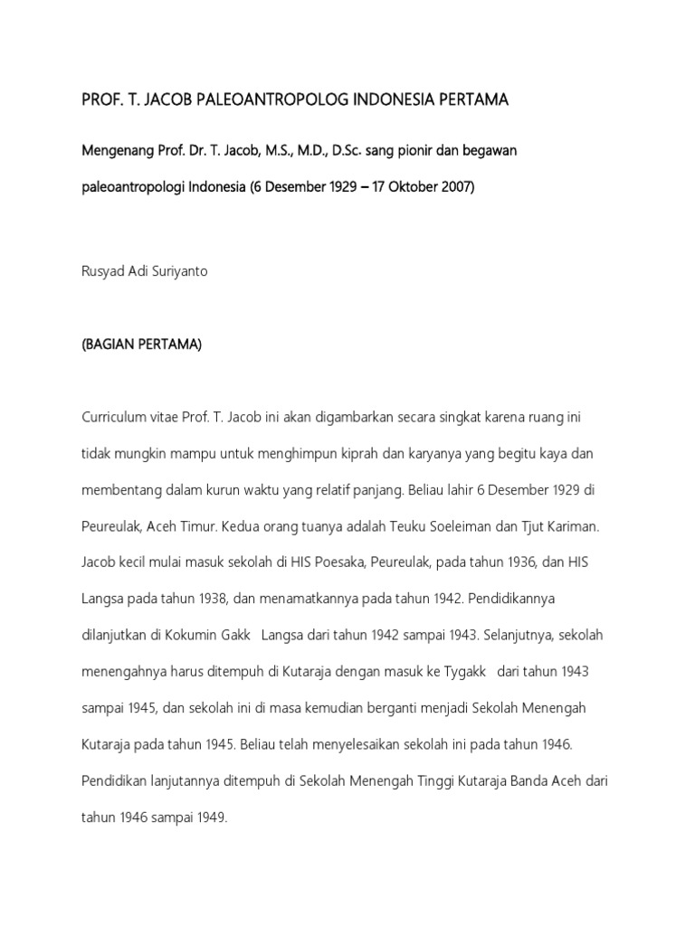 Prof. T. Jacob: Pionir Paleoantropologi Indonesia | PDF