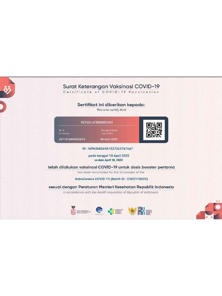Sertifikat Vaksin Reyza Afriansyah | PDF
